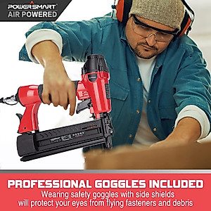 Pneumatic Brad Nailer, POWERSMART 2 in 1 Nail Gun and Crown Stapler with Safety Glasses, Compatible with 5/8” up to 2” Nails, 18 Gauge Brad Gun for Upholstery, Carpentry and Woodworking Projects