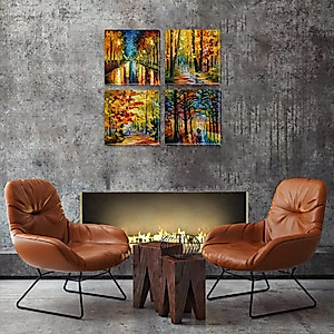 Colorful Landscape Oil Painting Wall Art Canvas Paintings Abstract Texture Rainbow Trees with Walking People Prints Pictures 4 Pieces Living Room Bedroom Artwork 12"x12"
