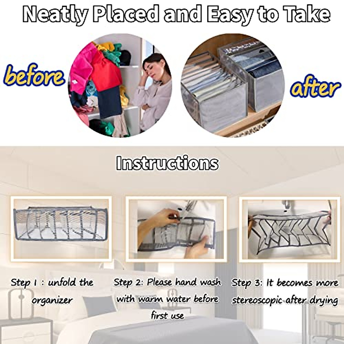 Wellcun Wardrobe Clothes Organizer 7 Grids, 2PCS Clothing Storage Bins, Underwear Drawer Organizer Clothes, Upgraded Foldable Jeans Compartment Storage Box, Mesh Clothes Storage Organizer