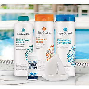 Standard Hot Tub Chemical Bundle with SpaGuard Chlorine, Enhanced Shock, Stain and Scale Control, Test Strips, LeisureQuip Scum Absorber