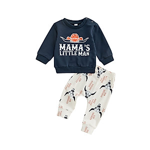 WALLARENEAR Newborn Infant Baby Boy Mama's Little Man 2Pcs Pants Set Long Sleeve Cow Head Print Top with Pants Fall Winter Outfits (Dark Blue, 6-12 Months)