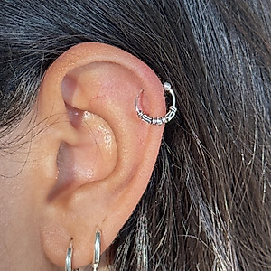 Handmade Silver 3Pcs Very Small 10MM Cartilgae Helix Piercing Hoop Earrings, 925 Sterling Silver, Thin 22Gauge Triplet Set of 3 Original Hoops for women, 1xBeaded 1xSpiral 1xBall, By Miya Jewelry