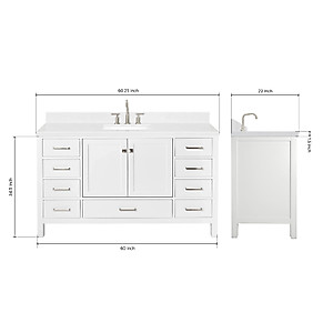ARIEL Cambridge 60" White Bathroom Vanity, 1.5" Edge Carrara White Quartz Countertop & Splash, Rectangular Sink, 2 Soft Closing Doors, 9 Full Extension Dovetail Drawers, Brushed Nickel