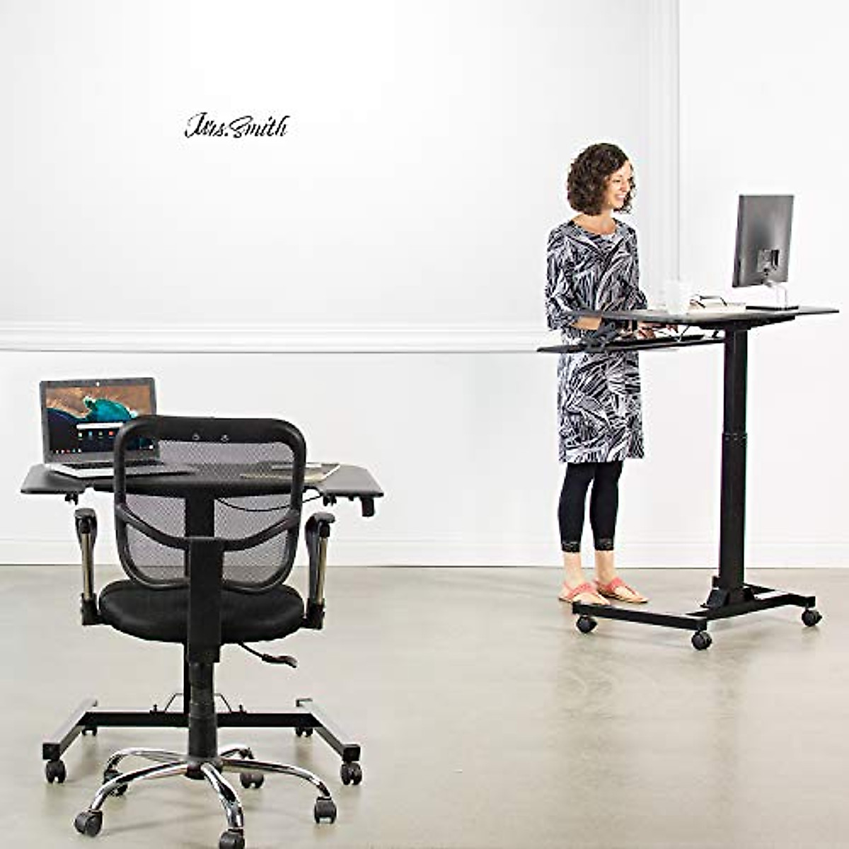 VIVO Black Pneumatic Mobile 36 inch Height Adjustable Two Platform Standing Desk with Wheels, Dual Tiered Rolling Small Space Workstation, DESK-V111GT