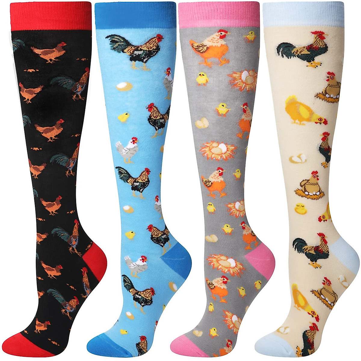 4 Pairs Funny Animal Knee Socks Novelty Animal Lovers Gifts Warm Horse Sloth Chicken Stockings for Women Men Girls (Chicken)