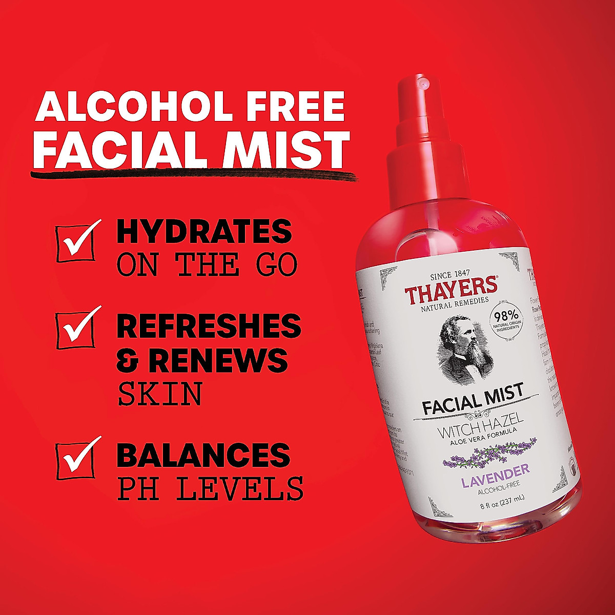 Thayers Alcohol-Free Witch Hazel Facial Mist Toner with Aloe Vera, Lavendar, Soothing and Hydrating, For All Skin Types, 8 oz