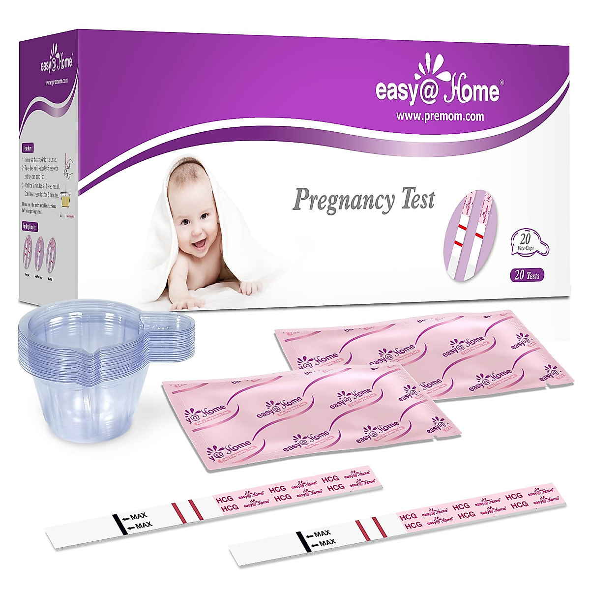 Easy@Home Pregnancy Test Strips: 20-HCG Tests with 20 Large Urine Cups| Accurate & Clear Detection