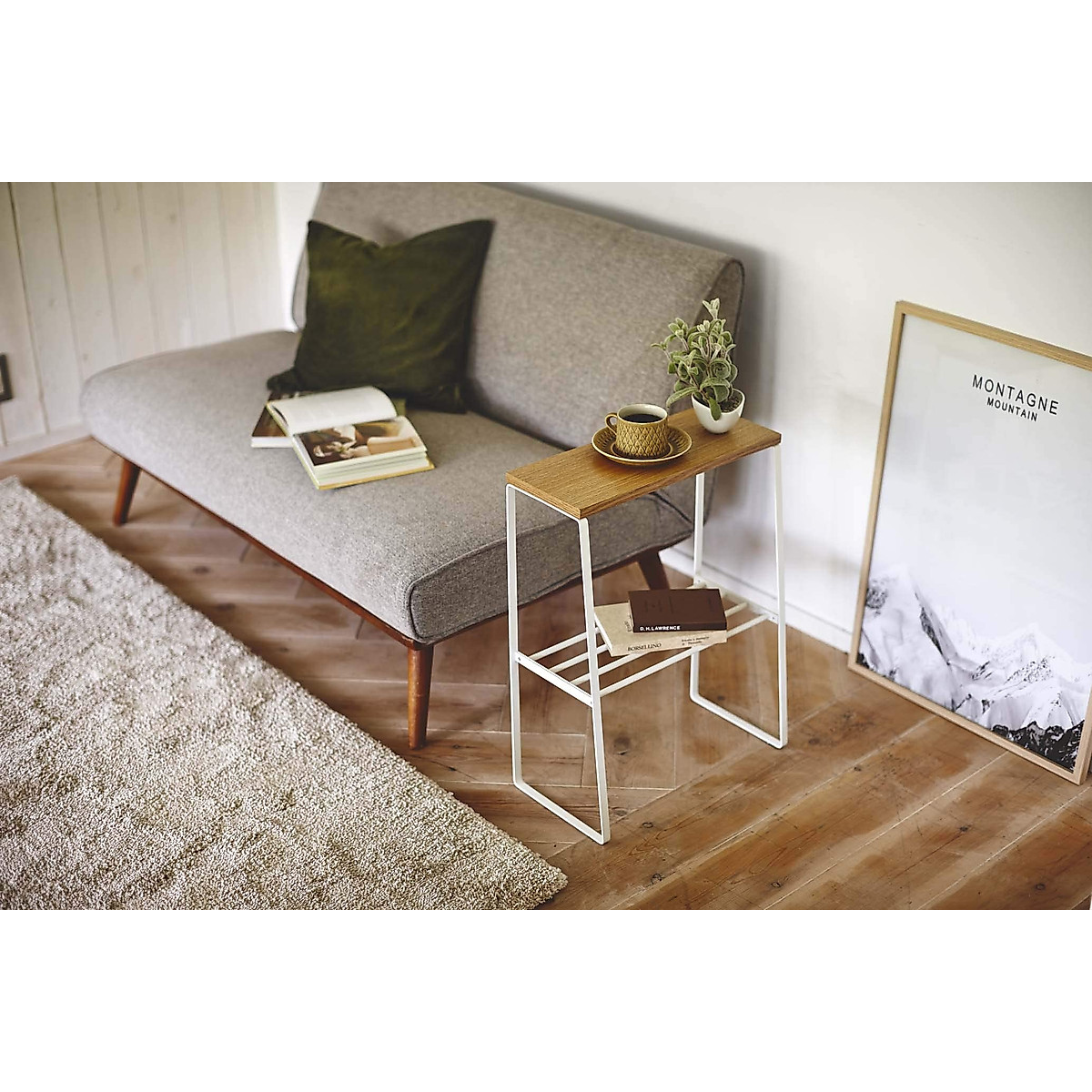 Yamazaki Home Narrow Living Room End Table - Slim Side Storage Shelf Stand Furniture Metal and Wood Modern Skinny Accent Table Steel + WoodWhite