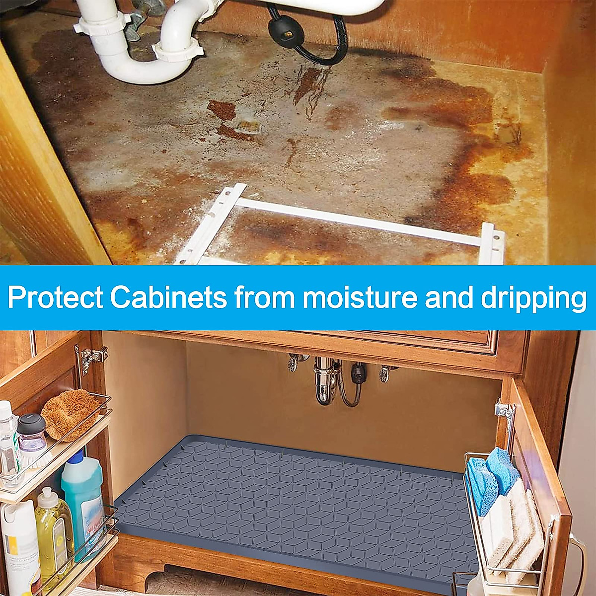 Under Sink Mat for Kitchen Silicone Waterproof Mat for 36" Cabinet, Kitchen Cabinet Liner, Under Sink Tray for Drips Leaks Spills Easy to Clean