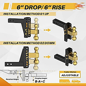 CROSSHIP Adjustable Trailer Hitch Ball Mount - Fits 2'' Receiver, 6Inch Drop/Rise Drop Hitch with 2'' & 2-5/16'' Solid Dual Balls 25,000 lbs Capacity- Tow Hitch for Heavy Duty Truck with Double Pins