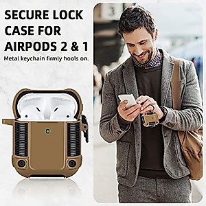 HoneyAKE Case for AirPods 2 & 1 Case Cover, Full-Body Protective Military AirPod Case with Keychain Clip Security Lock Straps Wireless Charging Case for AirPods 1&2 Generation for Women Girls,Brown