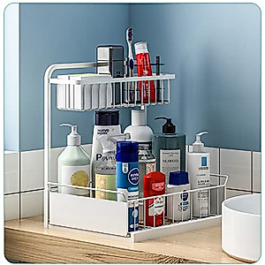 WOGQX 2 Tier Pull Out Spice Rack Cabinet Organizer Under Sink Sliding Storage Drawer, Kitchen Countertop Storage Basket,White
