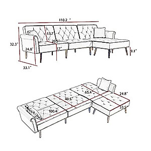 kevinplus Convertible Sofa Bed, Sleeper Modern Living Room Velvet Sofa Bed Sectional Couch for Living Room, Velvet Fabric (Grey)