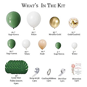 Pateeha Sage Green Balloon Garland Kit 140 Pcs, Baby Shower Decorations Olive Green Gold Metallic White Gold Confetti Nude Balloon Arch for Bridal Shower Wedding Birthday Party