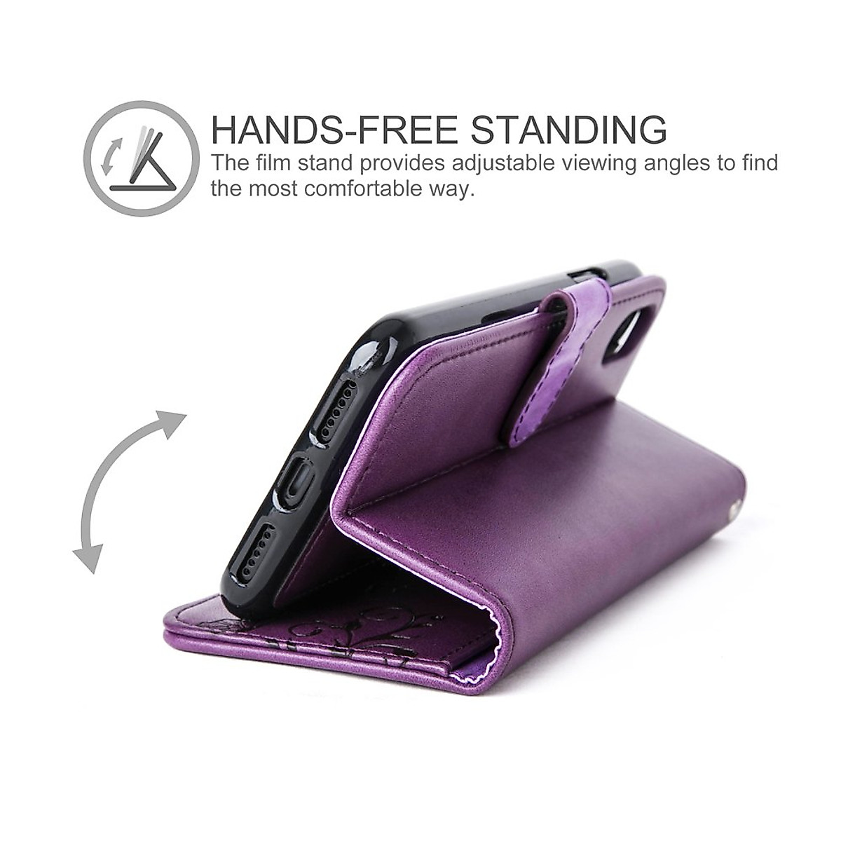 WaterFox iPhone XR Wallet Case with 4 Card Holder for Women, Detachable Cover Flip Folio PU Leather Wrist Strap Removable Magnetic Kickstand with Floral Flower Design for Girls - Purple