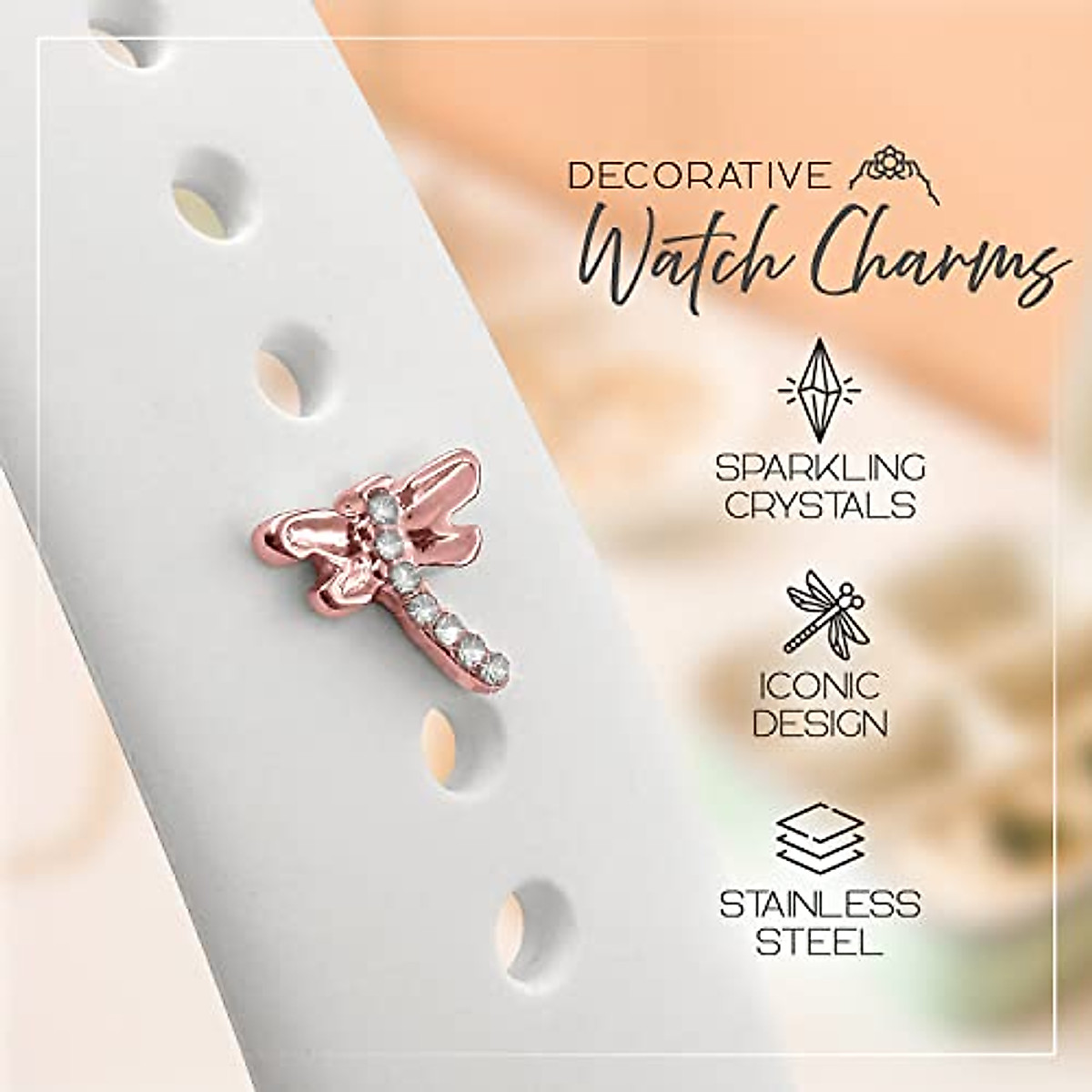 Lux Bands Watch Band Rose Gold Dragonfly Charms - Water Resistant Stainless Steel Sparkling Decorative Jewelry Charms (No Band) - Compatible With All Apple Watches, Fitbit Versa, Smart Watches – Pin-Based Watch Band Accessories