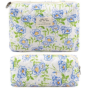 Quilted Cotton Cosmetic Bag 2Pcs Coquette Makeup Bag Travel Makeup Bag for Women Large Makeup Pouch Aesthetic Floral Cosmetic Pouch Toiletry Bag for Women Gift for Lover Daughter Sister Mom