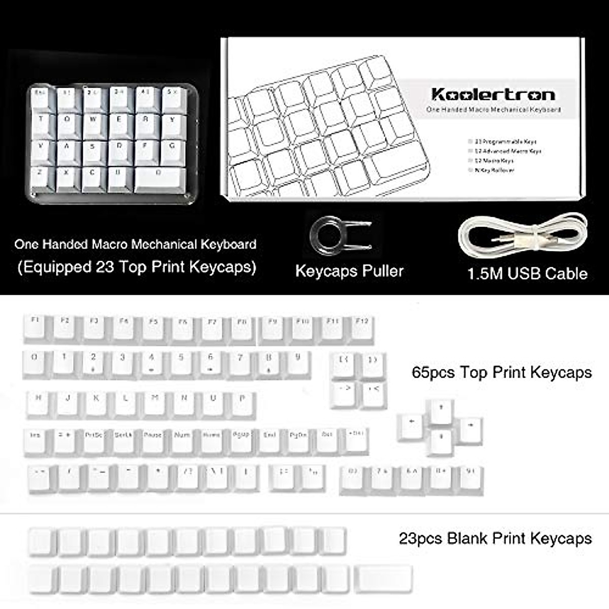 Koolertron One Handed Macro Mechanical Keyboard, Portable Mini One-Handed Mechanical Gaming Keypad 23 Fully Programmable Keys (RGB Backlit/Blue switches)