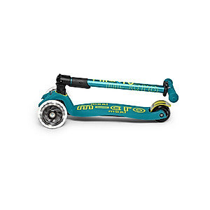Micro Kickboard - Maxi Deluxe Foldable LED - Three Wheeled, Lean-to-Steer, Fold-to-Carry Swiss-Designed Micro Scooter for Kids with Motion-Activated Light-Up Wheels for Ages 5-12 (Petrol Green)