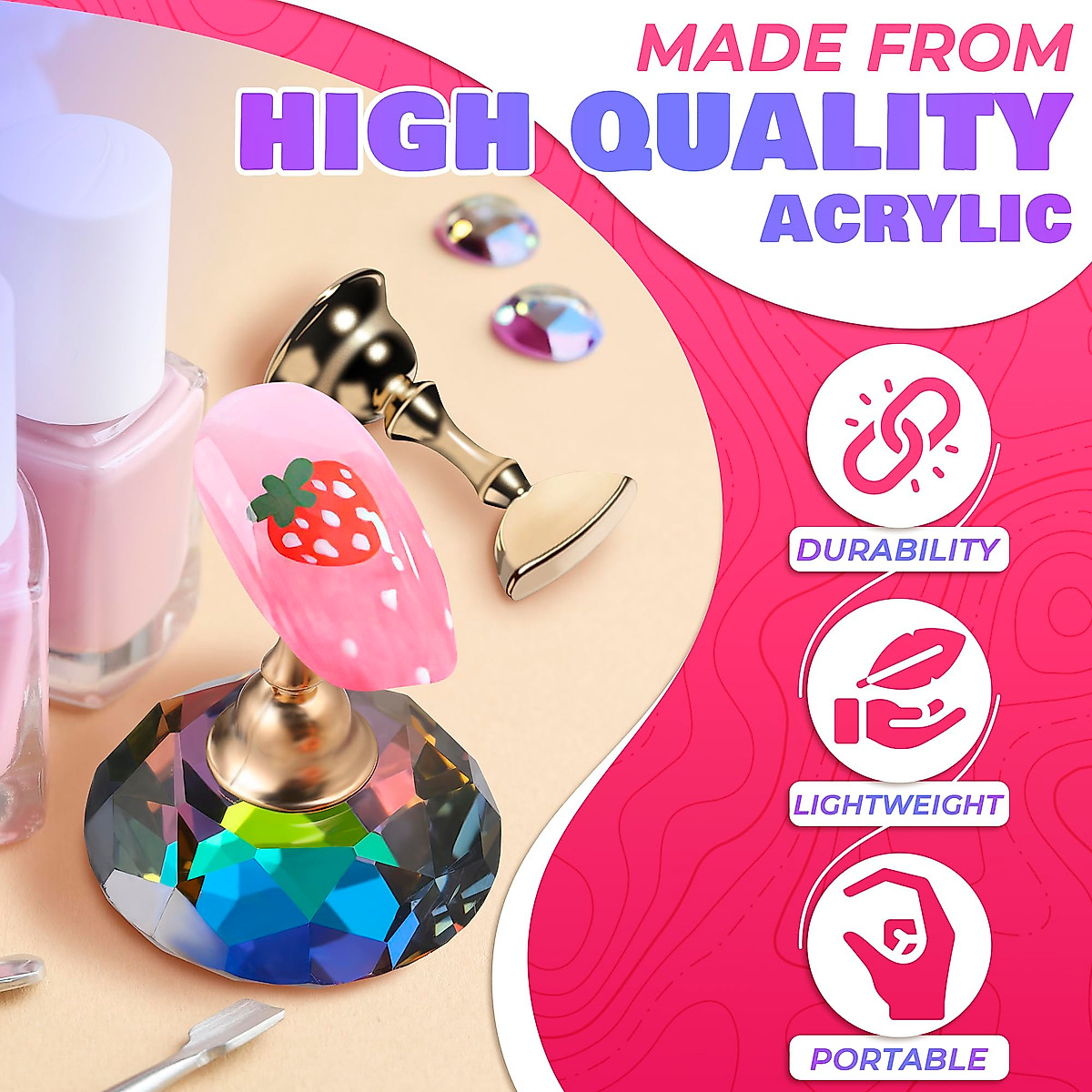 Nail Art Practice Stands, Magnetic Nail Tips Holders Fingernail Display Stands with 5 Pieces Alloy Practice Stand and One Crystal Base for DIY Nail Art Practicing Manicure tools