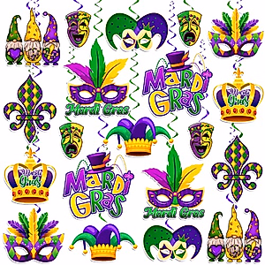 36 Pcs Mardi Gras Decorations Hanging Swirls, NO-DIY Mardi Gras Party Decorations, Mardi Gras Party Supplies Whirls Glitter Foil Ceiling Swirls for Mardi Gras Decor Shrove Tuesday New Oeleans Party