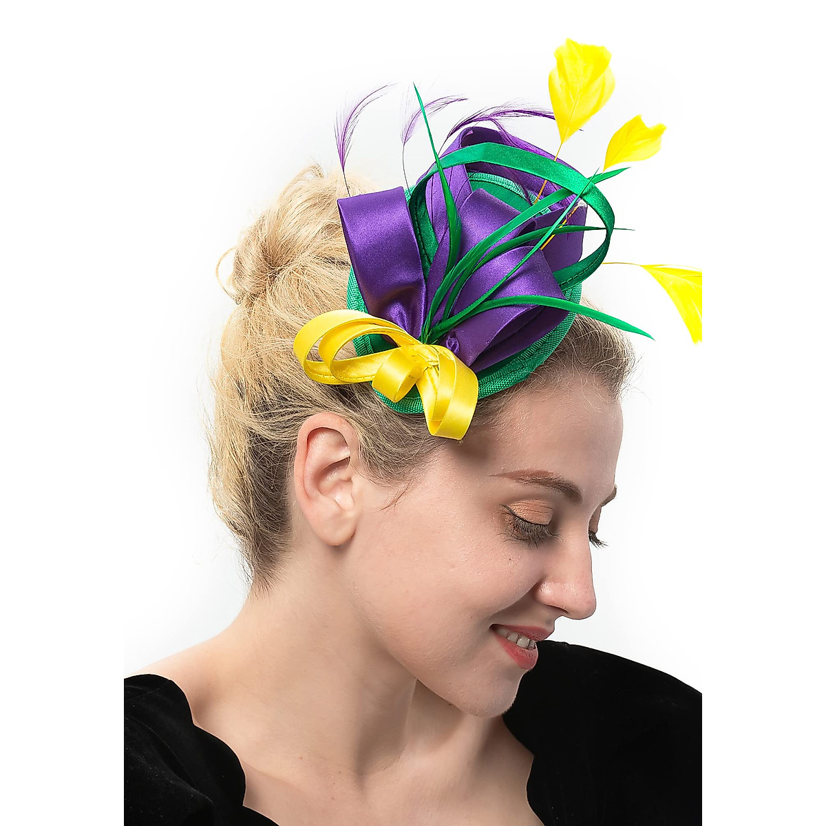 FELIZHOUSE Mardi Gras Fascinator Hats for Women Ladies Feather Cocktail Party Hats Bridal Headpieces Ascot Fascinator Headband (Satin Mardi Gras)