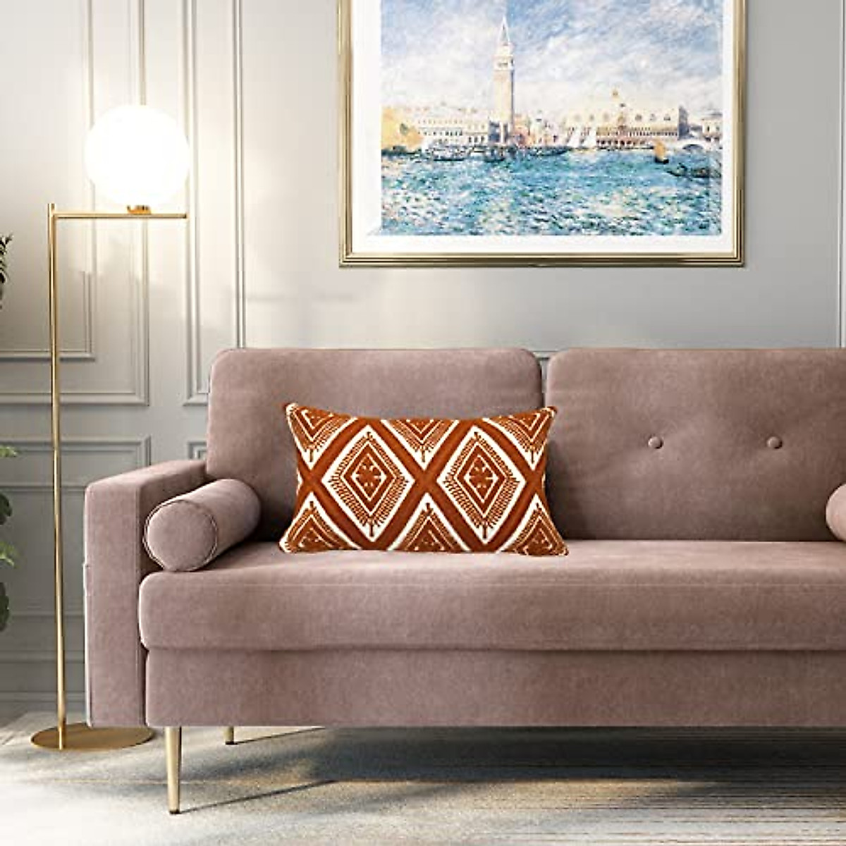 Alysheer Embroidered Lumbar Decorative Throw Pillow Cover 12"x 20", Classic Boho Geometric Embroidery Pattern Cotton Rectangular Cushion Case for Sofa Couch Living Room Bedroom(Burnt Orange)