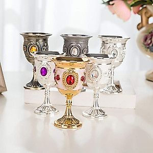 Metal Wine Glass Gem Vintage Shot Glass Inlay Style Zinc Alloy Goblet Carved White Glass Stem- Cup Wine Cocktail Glasses for Home Bar Party Wedding ( Random Flower Pattern )