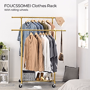FOUCSSOMEI Heavy Duty Clothes Rack, Rolling Clothes Rack, Clothing Rack with Wheels,Clothing Hanger Organizer, Double Rod, Max 400Lbs, for Closet Bedroom Yard Sale, Commercial Grade, Gold