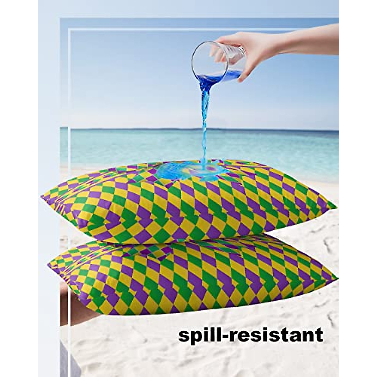 Outdoor Waterproof Throw Pillow Covers Set of 2 Cushion Cases Mardi Gras Purple Yellow Green Plaid Bow Pillow Covers,Decorative Pillowcases for Patio,Garden,Couch 20x12 Inch