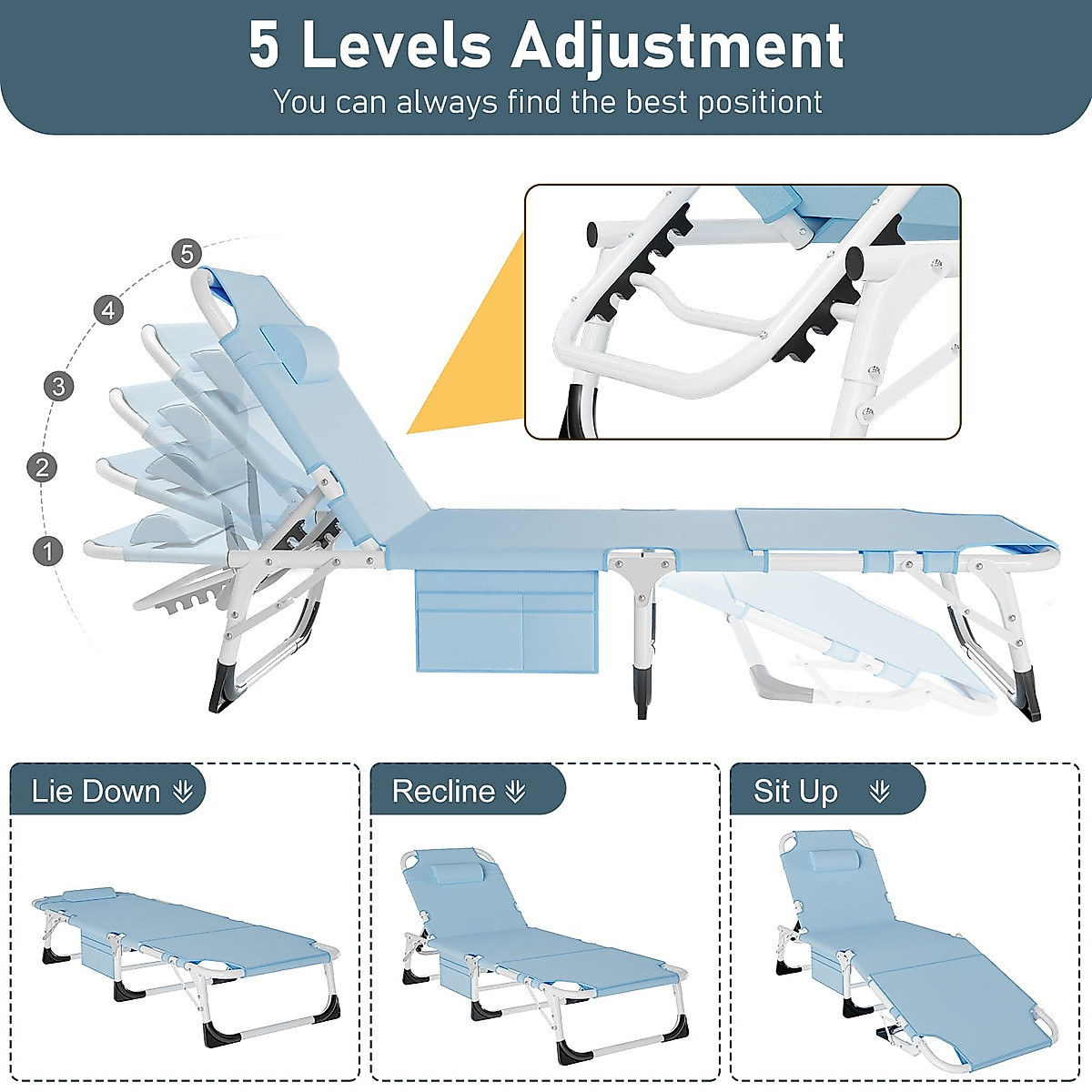 Barbella Tanning Chair 3 in 1 Beach Lounge Chair with Face Hole, Heavy Duty Folding Chaise Lounge Chairs, Oversized 5-Position Folding Cot with Mat for Beach, Pool, Lawn, Yard, Patio, Sky Blue