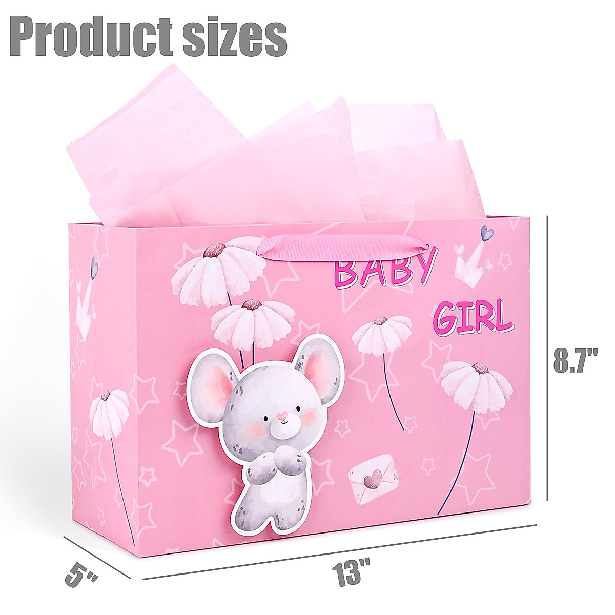 VGOODALL Baby Girl Gift Bag, 13" Gift Bags with Tissue Paper Ribbon Handle and Greeting Card for Girl Baby Shower Newborn 1st Birthday Gender Reveal Party Pink