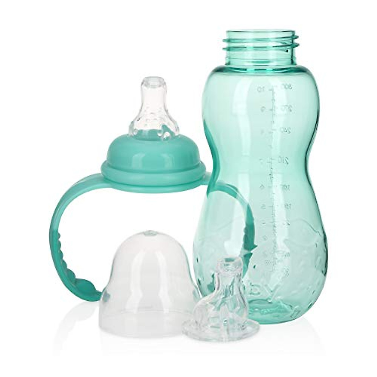 Nuby New 3 Stage Ultra Durable Tritan Grow with Me No-Spill Bottle to Cup, 10 Oz, Teal, 80387