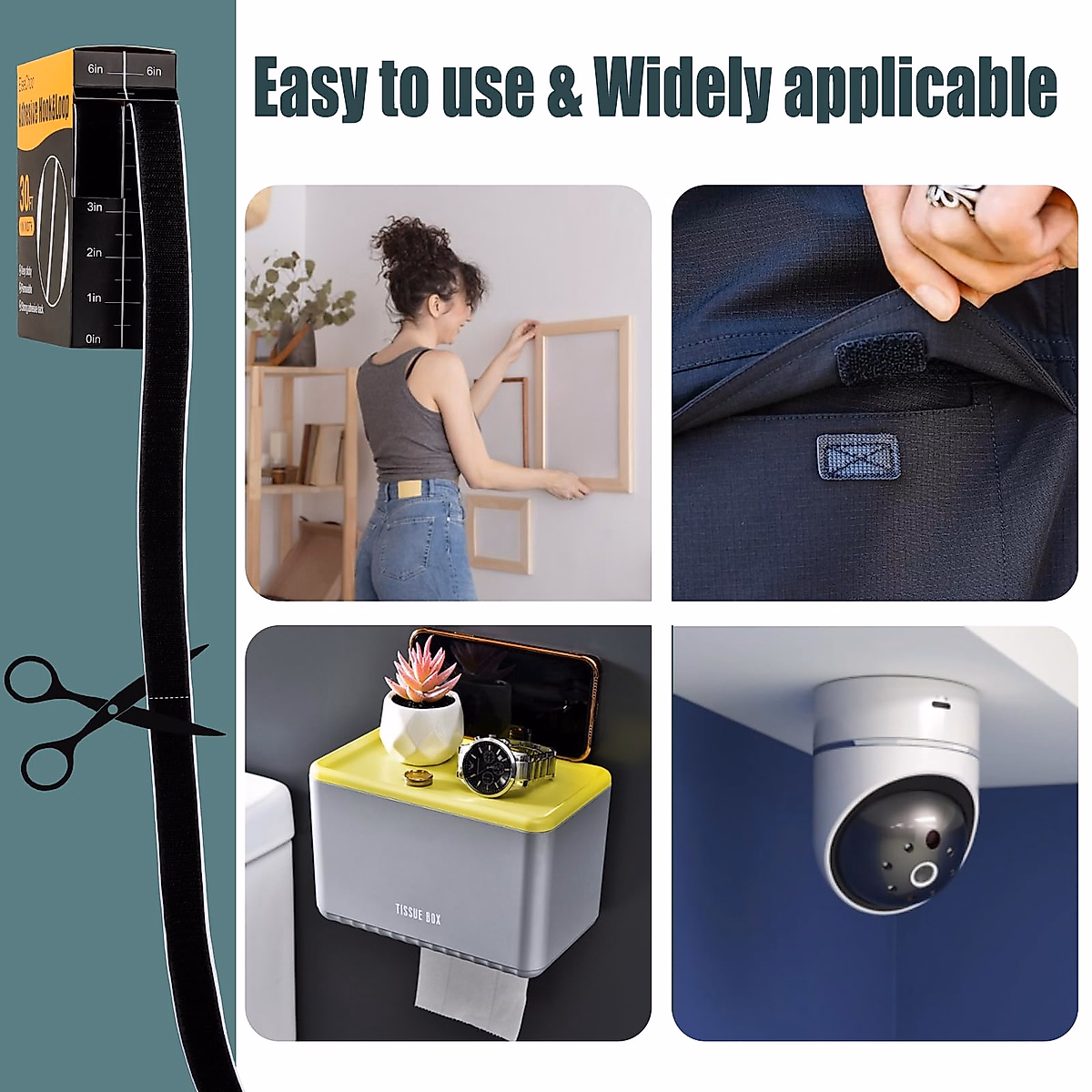 30Ft x 1 Inch Hook and Loop Strips with Adhesive, Double Rolls of Heavy Duty Self Adhesive Tape with Backing, Nylon Self Adhesive Tape for Home Office School and Crafting,Black