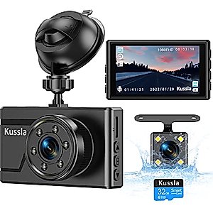 Dash Cam Front and Rear, Kussla FHD 1080P Pro Dash Cam with Infrared Night Vision,3inch Dash Camera with SD Card, Dual Dash Cam Parking Mode, WDR, Accident Lock, Loop Recording, Motion Detection