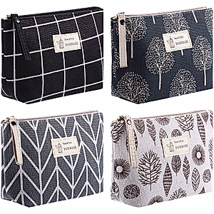4 Pieces Canvas Cosmetic Bags Set Printed Makeup Bags with Zipper Multi-Functional Travel Pouch for Women Girls Vacation Travel Toiletry Bag, 4 Styles (Arrow, Plaid, Tree, Leave, Small)