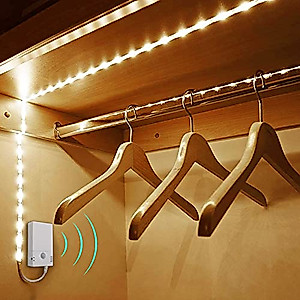 Battery Operated Motion Sensor Cabinet Strip Lights, 9.8Ft 90 LED Counter Closet Strip Light, Motion & Night Sensor Safe Tape Light with 3AA Large Battery for Stairs,Wardrobe,Kitchen (Warm White)
