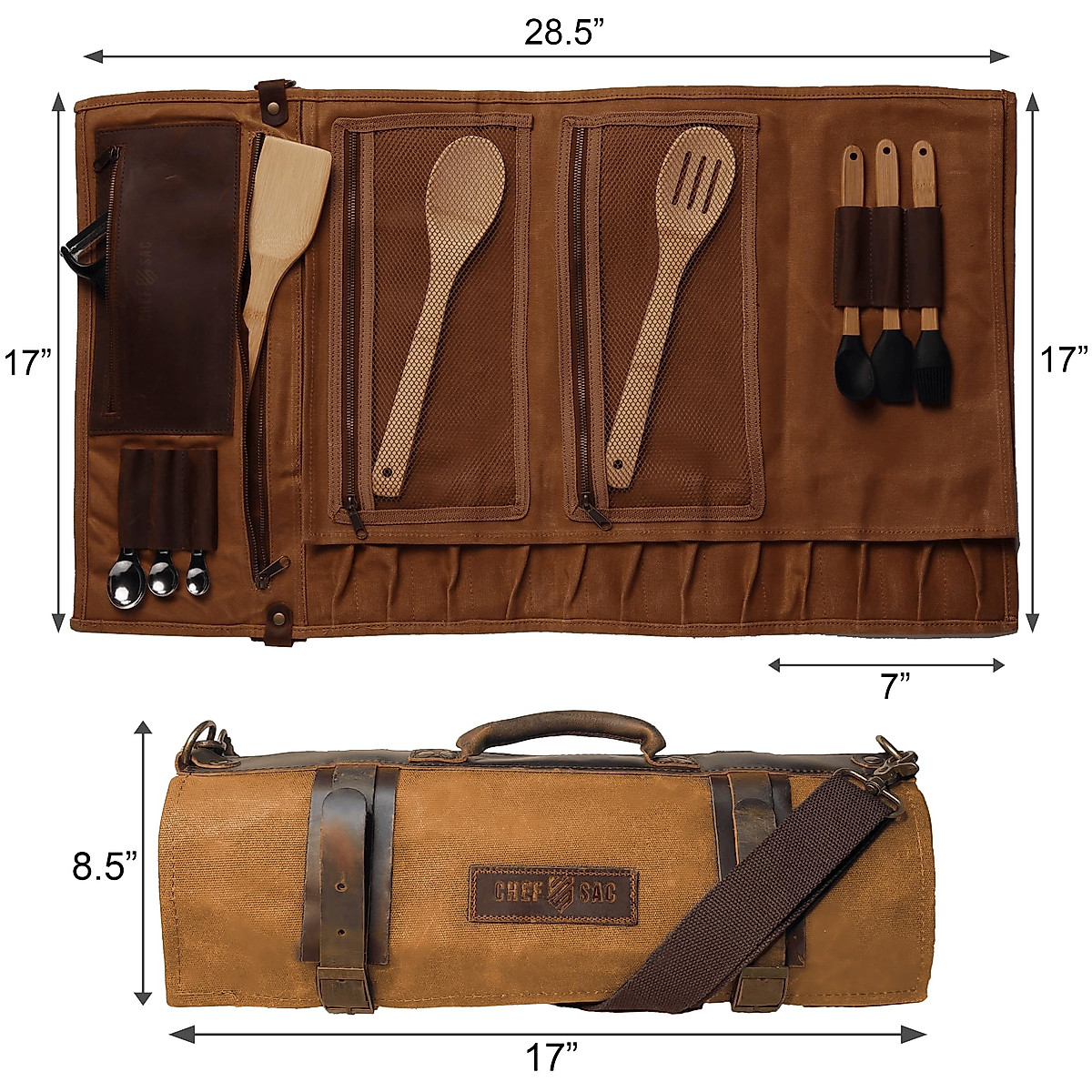 Chef Knife Roll Bag | 16oz ULTRA Wax Canvas & Top Grain Leather | 22 Slots & 4 Zipper Pouch | Double Stitch | Water-Resistant | Cleaver Pouch | Knife Organizer for Chefs and Culinary Students