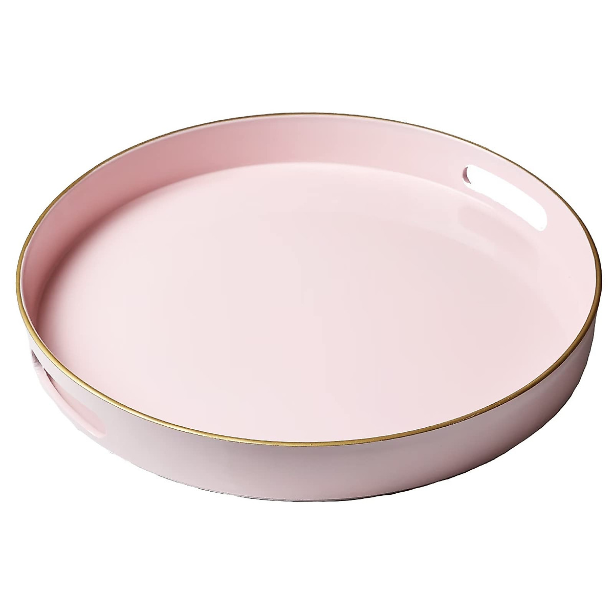 Spsyrine Round Pink Decorative Tray, 13" Plastic Serving Table Tray with Handles for Breakfast, Round Modern Ottoman Tray for Coffee Table, Bathroom, Kitchen, Living Room
