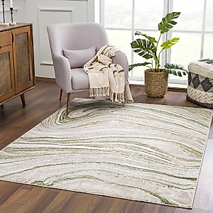 BoutiqueRugs Liverpool Modern Abstract Area Rug - Contemporary Marble Print Rug for Living Room - Cream, Green, Sage - 6'7" x 9' (6x9 Area Rug)