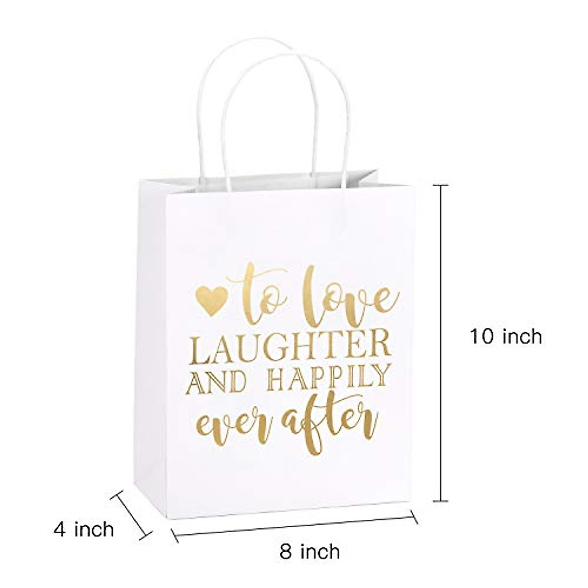 LaRibbons Medium Size Gift Bags - Gold Foil to Love Laughter and Happily Ever After White Paper Bags with Handles for Wedding, Birthday, Baby Shower, Party Favors - 12 Pack - 8" x 4" x 10"