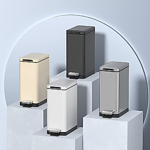 Mbillion Bathroom Trash Can with Lid Slim Stainless Steel Small Bathroom Garbage Can 10 Liter, 2.6 Gallon Soft Close, Step Pedal, Slim Wastebasket for Toilet, Office, Bedroom, White