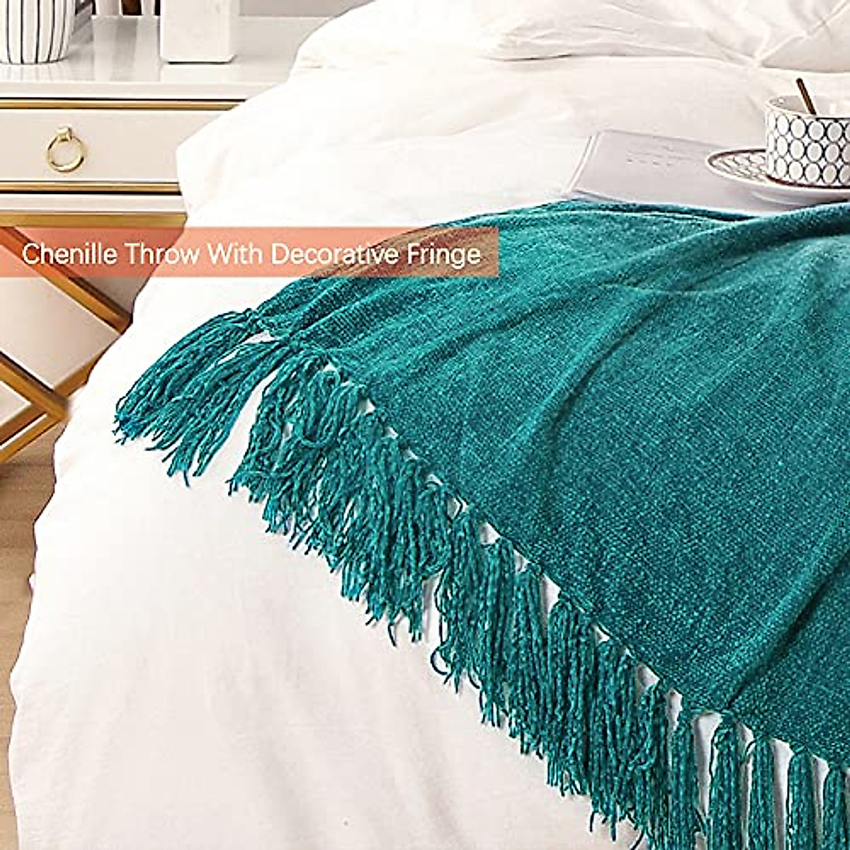 ACCOTIA Teal Chenille Throw Blanket for Couch, Super Soft Fluffy Throw Blanket for Chair, 50X60inches - Warm Decorative Blankets with Tassels for Home Décor, Bed and Living Room (50"X60", Teal)
