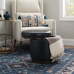 Linon Lexington Black Faux Leather Round Storage Ottoman with Wood Accent