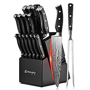 Knife Set, Emojoy 18-Piece Knife Sets for Kitchen with Block, Stainless Steel Kitchen Knives with Built-in Sharpener, Kitchen Shears and Carving Fork, Black