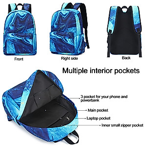 School Backpack Teens Boys Girls Cute Bookbag Schoolbag fit 15inch Laptop Insulated Lunch Bag for Elementary Kids Travel Daypack (Marble 41-Blue)