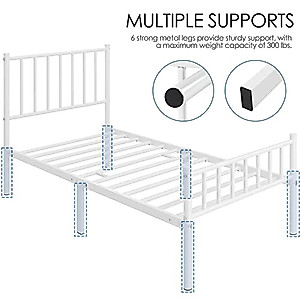 Yaheetech Twin Size Bed Frame Metal Platform Bed Frame Mattress Foundation with Spindle Headboard & Footboard/No Box Spring Needed/14 Inch Underbed Storage/Firm Support & Easy Set up Structure, White