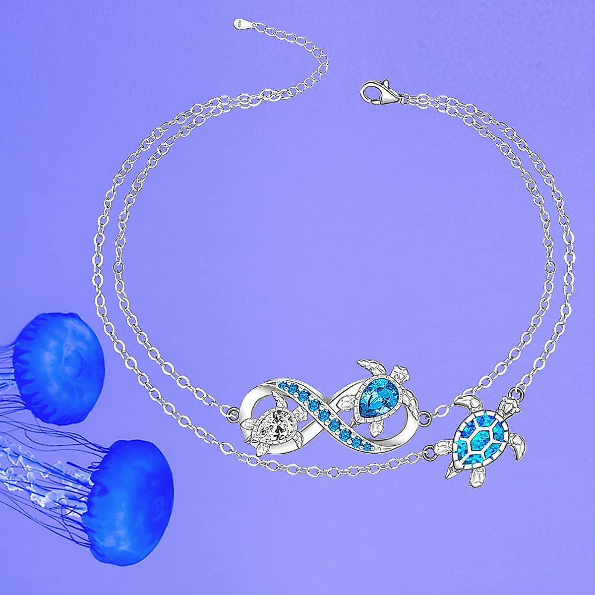 Turtle Anklet Blue Opal Sea Turtle Ankle Bracelets for Women Sterling Silver Infinity Wave Ocean Beach Summer Foot Bracelet Jewelry Layered Adjustable