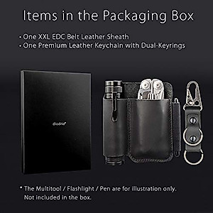 EDC Leather Belt Knife Sheath Organizer for Multitool, Fit 1.0" Diameter Flashlight, Tool Belt Pouch, Pocket Slip Pouch, EDC Tactical Key Chain Holder, Leather Key Fob, Premium Leather. Black.