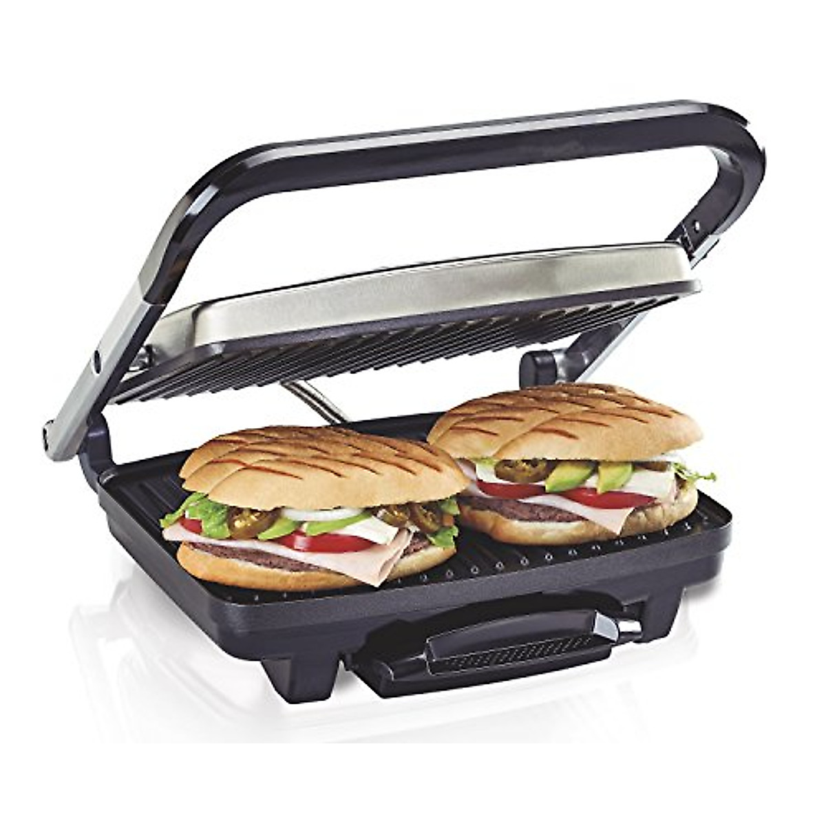 Hamilton Beach Panini Press, Sandwich Maker & Electric Indoor Grill, Upright Storage, Nonstick Easy Clean Grids, Stainless Steel (25410) & Dual Breakfast Sandwich Maker with Timer, Silver (25490A)
